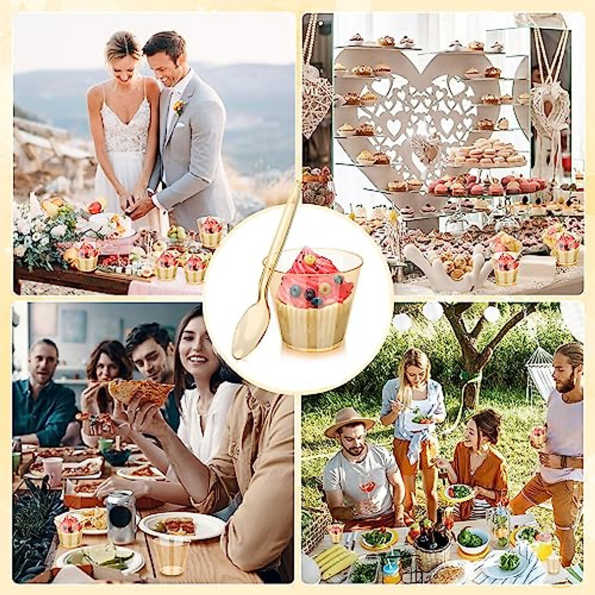 100 Sets 5 oz Dessert Cups with Spoons Plastic Color Cups for Desserts Ice Cream Parfait Sundae Fruit Pudding (Gold)