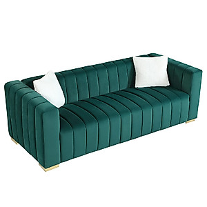 JUSTONE Modern Sofa Couch for Living Room, Mid Century 3-Seater Velvet Chesterfield Sofa, Upholstered Couch with Gold Leg&Pillows for Apartment, Office,Easy to Install- Dark Green