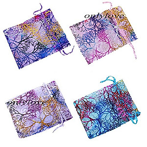 Tvoip 100Pcs Coral Pattern Organza Drawstring Pouches Jewelry Packaging Organza Bags Candy Wedding Christmas Party Gift Bags(Mix) (4x6" (10x15cm))