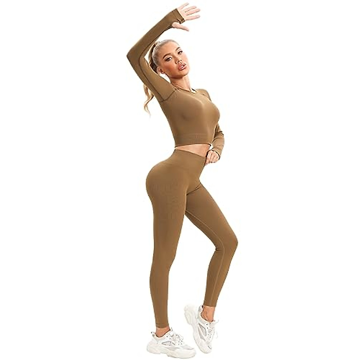 PINKSAVIOR Women’s Two Piece Outfits Yoga Pants Set Seamless High Waist Leggings and Quick-Dry Yoga Crop Tops Athletic Sports Set(P068 Coffee L)