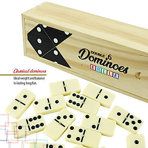 ERLLE Dominos Set Game. Premium Classic 28 Pieces Double Six Domino. Durable Wooden Box. Kids, Boys, Girls, Party Favors and Anytime Use. Duoble 6 Dominoes.(Wooden Pro)