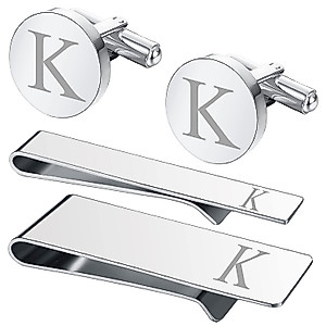BodyJ4You 4PC Cufflinks, Tie Bar, Money Clip - Initial K Engraving Alphabet Letter - Mirror Polished Metallic Steel Jewelry Set - Men's Cuff Links Shirt Formal Suit - Fathers Day Wedding Groom