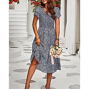 BTFBM Women Casual Summer Short Ruffles Tiered Sleeve Smocked Midi Dresses Bohemian Floral V Neck Wedding Guest Long Dresses（Floral Dark Blue,Large