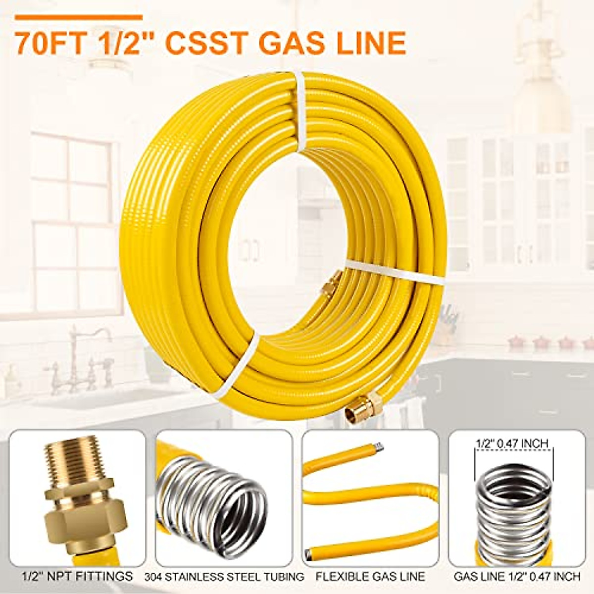Lesigud 70FT 1/2" Gas Tubing Pipe Kit with 2 Male Fittings, CSST Gas Line for Natural Gas or Propane Appliance Natural Gas Grill Hose
