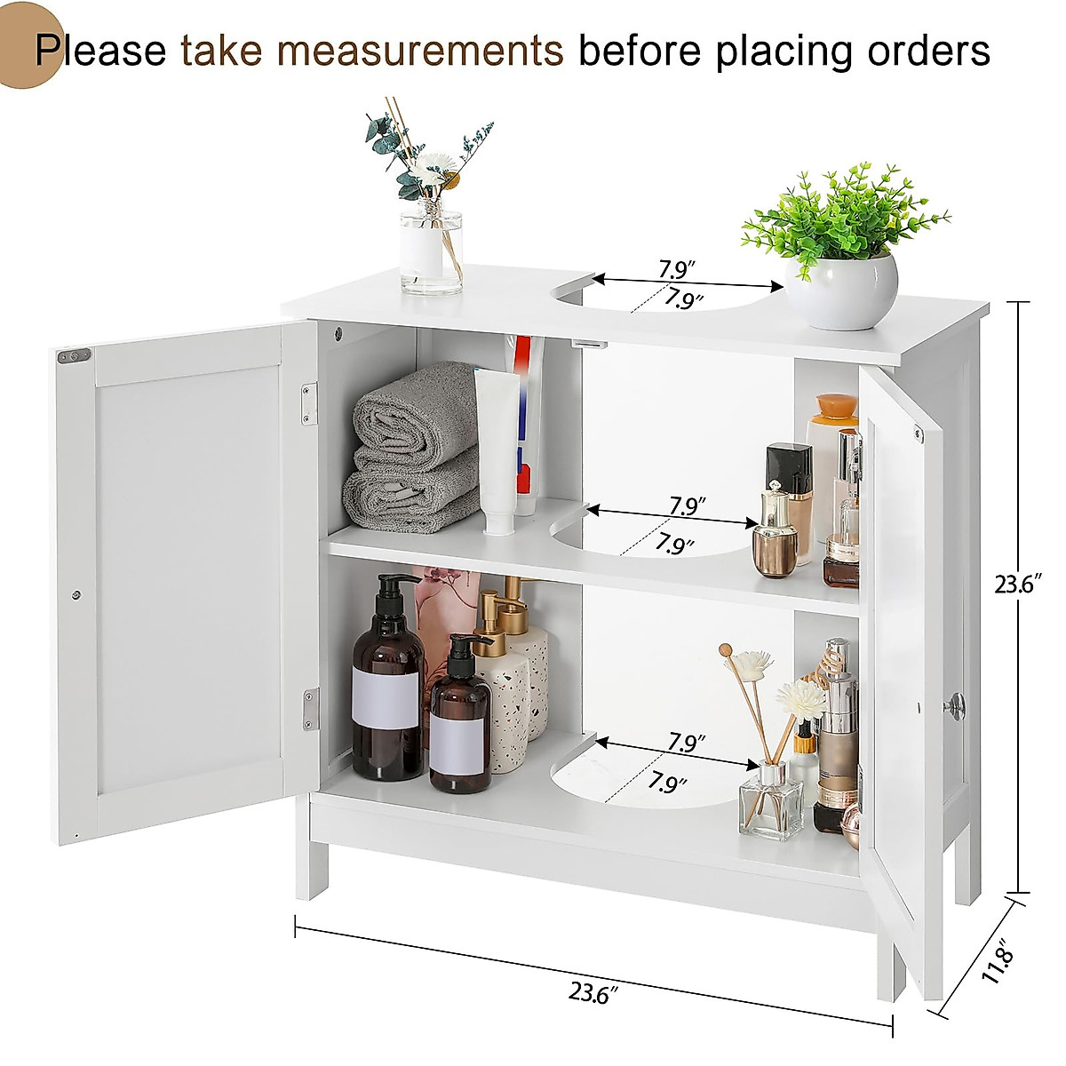 Iwell Pedestal Sink Storage Cabinet with 2 Doors and Shelf, Under Sink Cabinet, Bathroom Sink Cabinet with U-Shape, White