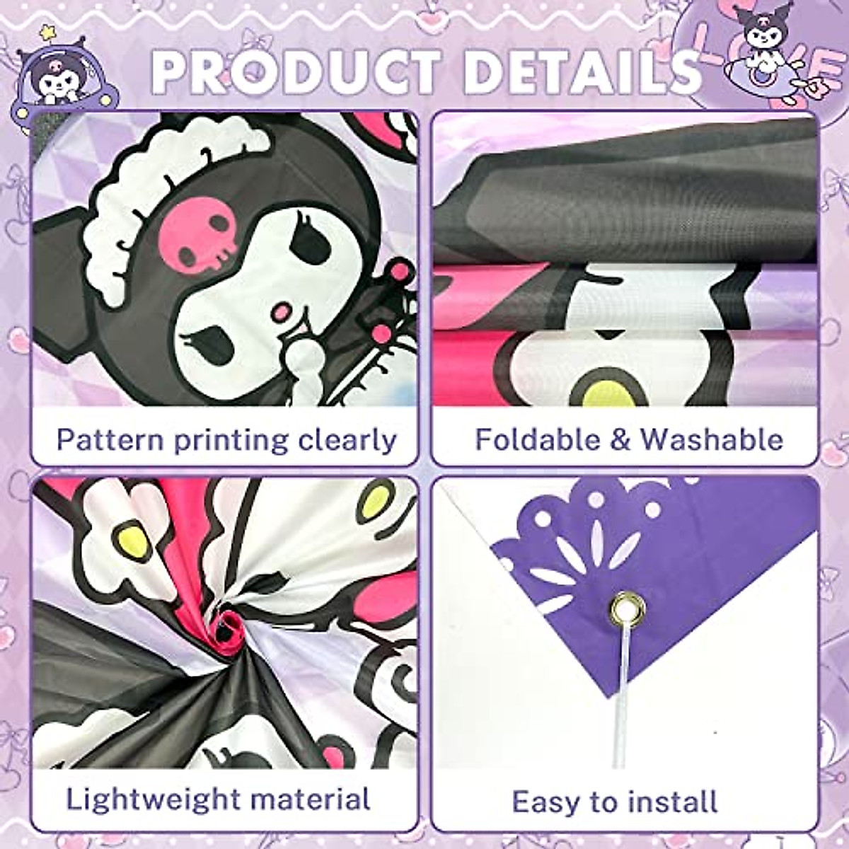 5x3FT Purple Themed Birthday Party Supplies, Cute Cartoon Birthday Banner, Anime Birthday Decorations Backdrop for Girls, Kawaii Themed Background for Party