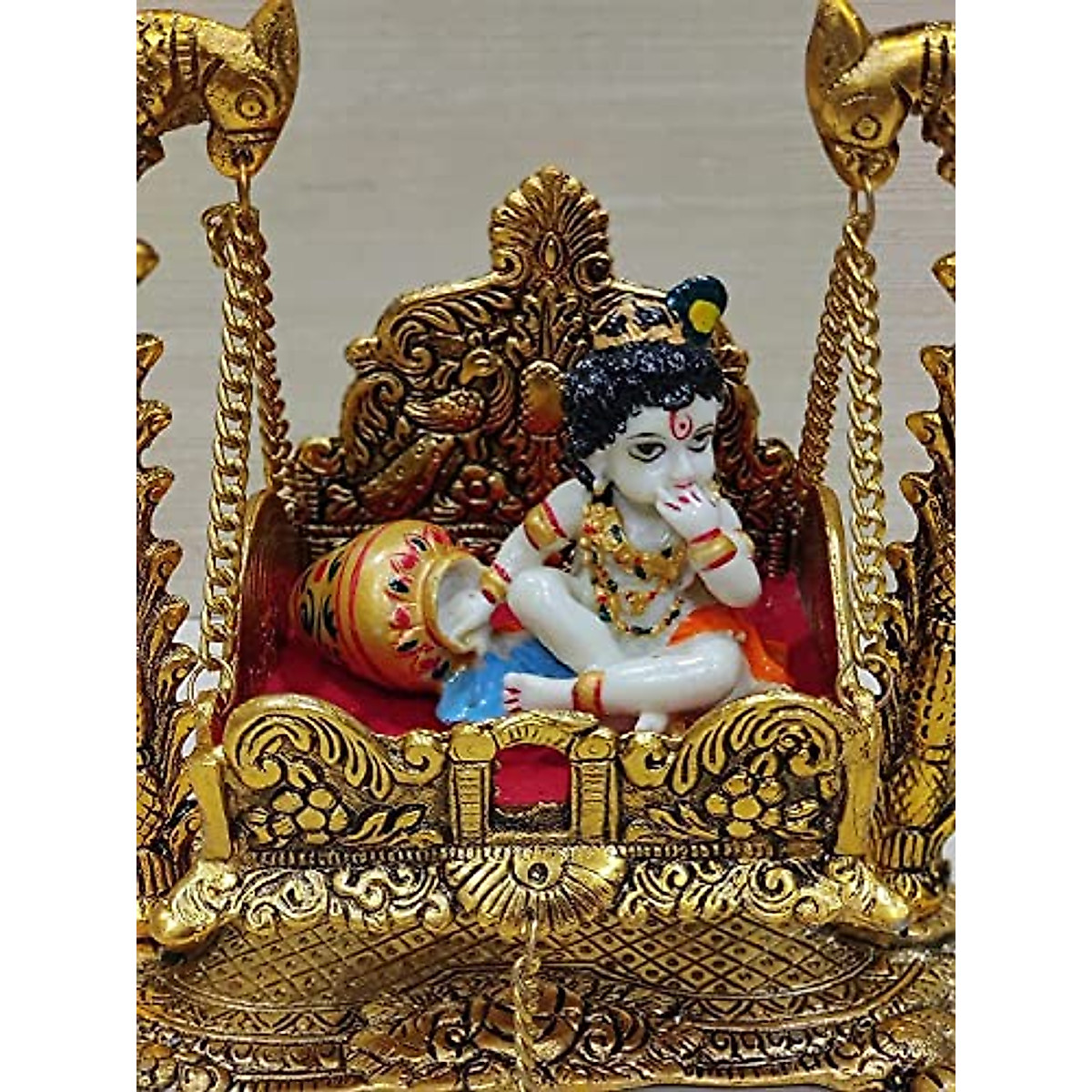 LAXMI Craft Lord Krishna Jhula Singhasan Indian Traditional Handicraft Antique Look Temple Arch/gate Design, Laddu Gopal Sofa with Jhula,Brass,17 x 10 x17 Cm (Metal JULLA with MARBAL Krishna)