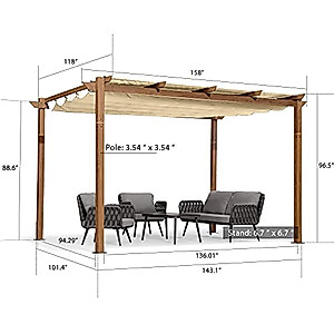 PURPLE LEAF 10' x 13' Outdoor Retractable Pergola with Sun Shade Canopy Patio Metal Shelter for Garden Porch Beach Pavilion Natural Wood Grain Frame Gazebo Modern Yard Grill Pergola