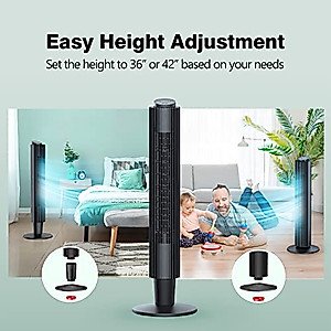 Tower Fan for Bedroom, 42'' Standing Fan Oscillating Quiet with Remote, 90° Cooling Bladeless Fan with Height Adjustable, 5 Speeds 3 Modes, 12H Timer, LED Touchpad, Floor Fans for Home and Office