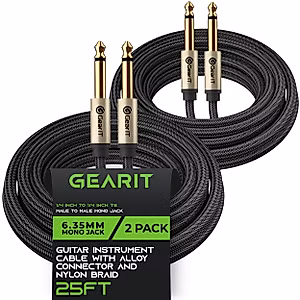 GearIT Guitar Instrument Cable (15ft 2-Pack) 1/4 Inch to 1/4 inch TS Straight Male to Male 6.35mm Mono Jack with Alloy Connector and Nylon Braid