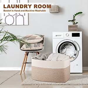 OIASKET Extra Large Laundry Basket, 90L Blanket Basket for Living Room, Cotton Rope Storage Basket, Toy Basket for Kids, Woven Basket for Clothes, Towels, Pillows, 24" x 17" x 14", Brown and White