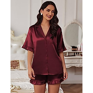 Ekouaer Plus Size Silk Pjs Women's Soft Satin Pajama Set Summer Short Nightwear Bridesmaid Pajamas Wine Red,XXL