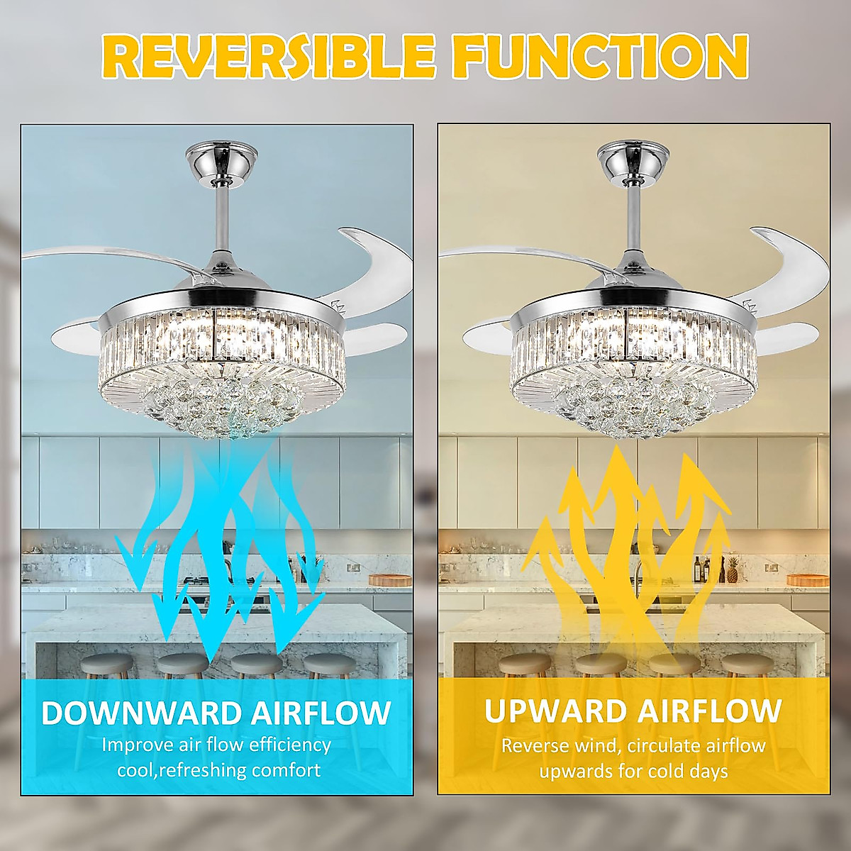 Panghuhu88 36" Invisible Ceiling Fan Chandelier Light,Modern Crystal Ceiling Fan Light Remote Control 4 Retractable ABS Blades for Bedroom Living Room Dining Room Decoration (Silver)