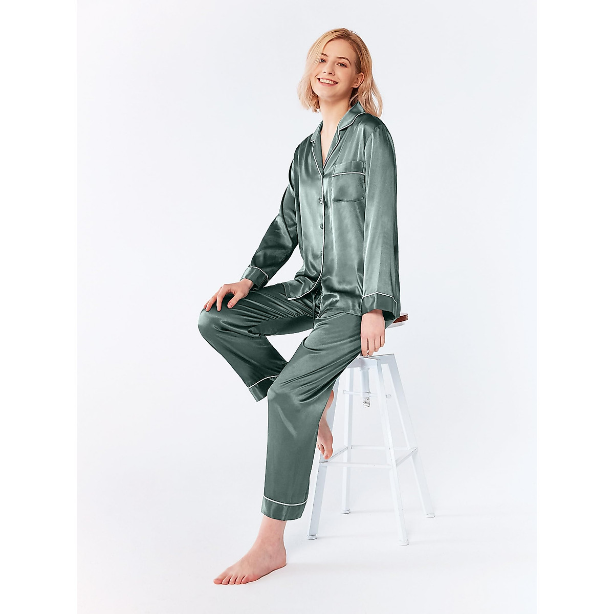 SIORO Womens Pajama Sets Silk PJ Satin Pijamas Two Piece Pants Set Sleepwear Loungewear PJS Plus Size, Greyish Green, X-Large