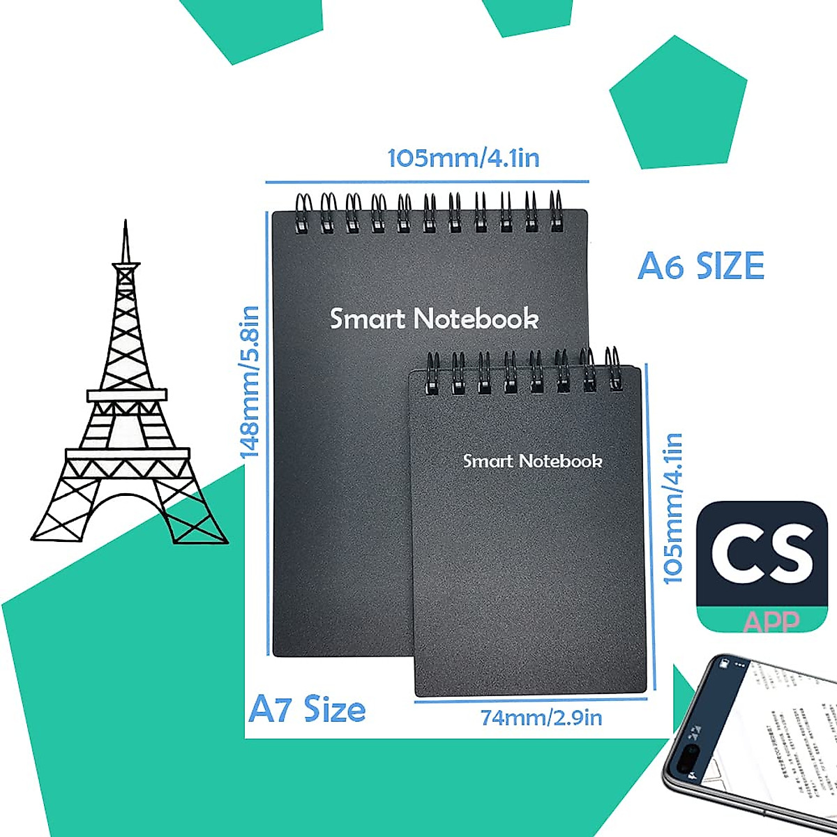 GOTTOWOW Reusable Smart Erasable Notebook, Heat Wet Erase, Waterproof, Wire bound Notebook, Spiral Notebook, Wide Ruled Paper, Blank Paper, Erasable Pen, Cloud Storage, 62 Pages, A5 (black 1)