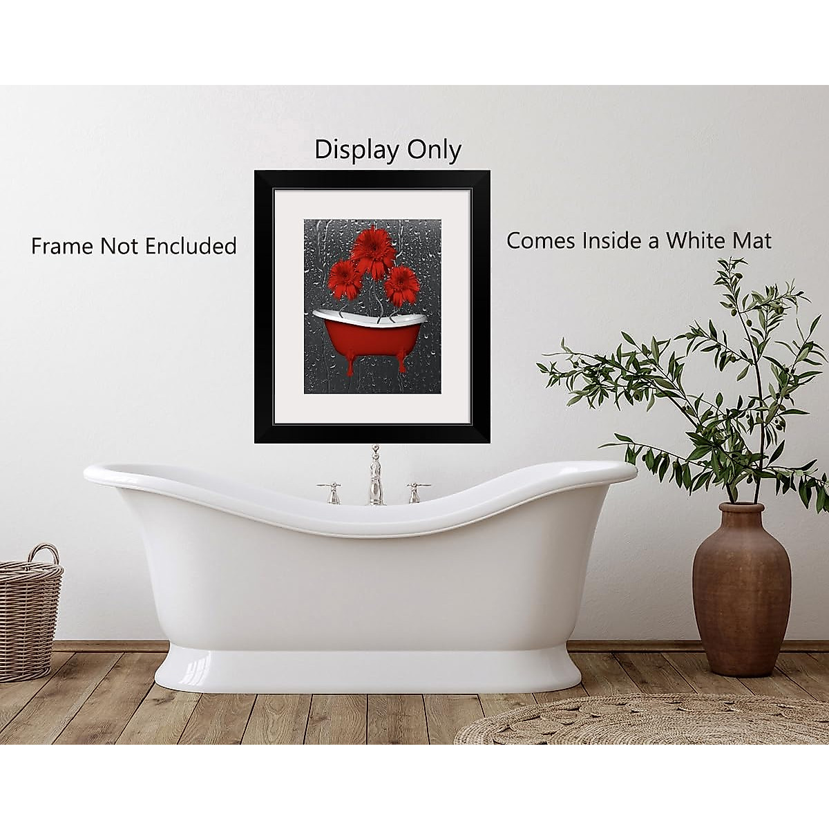 Red Bathroom Decor, Rose Flowers Bubbles Tub 8x10 Print with 11x14 Mat Bath Red Wall Art Picture (Red)