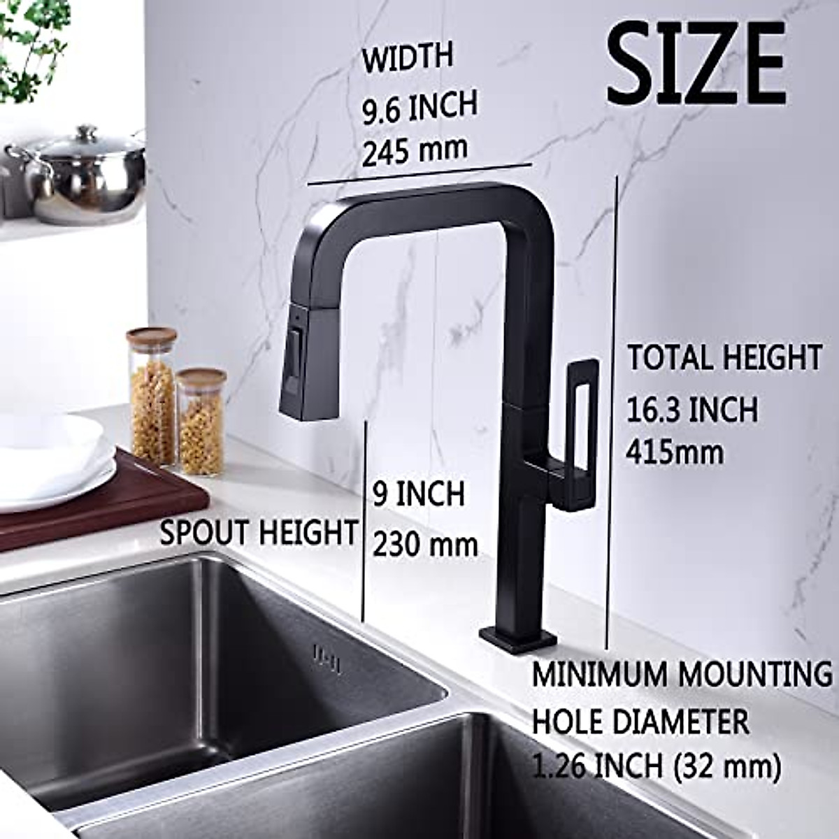 Kitchen Faucet with Pull Down Sprayer Square Shaped Brass Bar Sink Faucet Single Handle Kitchen Faucet, Matte Black