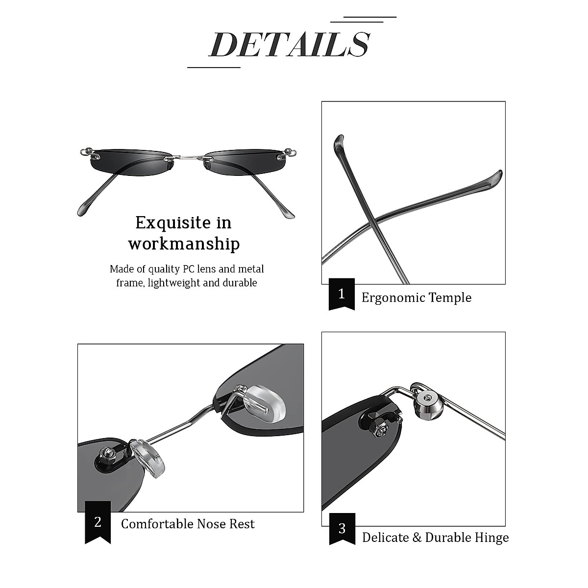 4 Pairs Women Thin Vintage Sunglasses Rectangle Sunglasses Small Skinny Glasses Retro Designer Style Rimless Sunglasses with Metal Frame Narrow Vintage Eyewear for Men Women