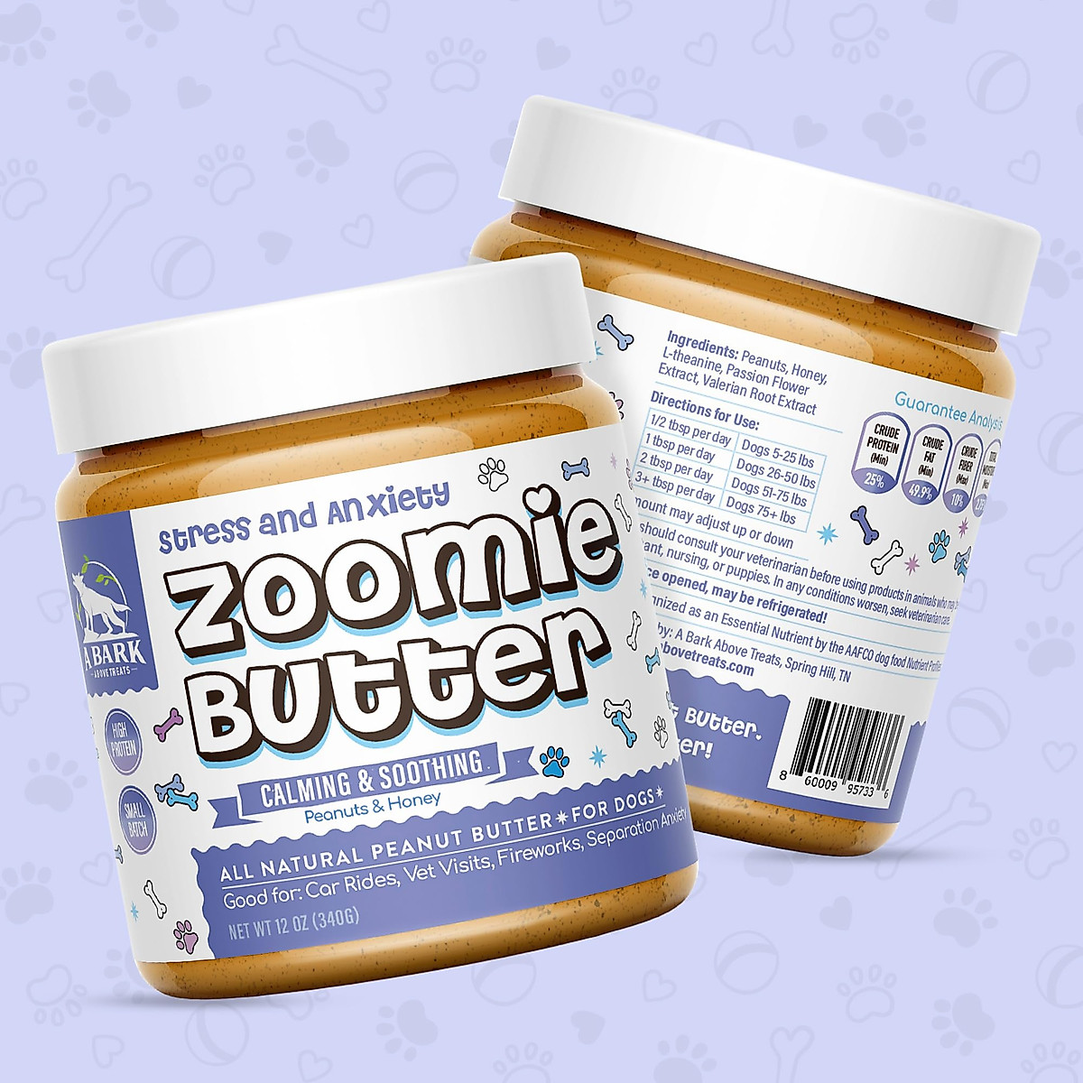 Zoomie Butter Stress & Anxiety Dog Peanut Butter Spread Supplement, All Natural Calming Dog Treat. Human Grade & Safe Puppy Food, Passion Flower for Separation Anxiety, Behavior Aid, USA Grown & Made