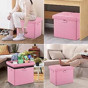 DocSafe Storage Ottoman with Lock,Fireproof Folding Ottoman Foot Rest Stool Storage Chest with Storage Safe for Important Documents,Waterproof 17 Inches Short Ottoman Foot Stool with Handles,Pink