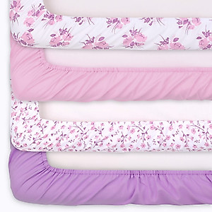 The Peanutshell Floral Crib Sheet Set for Baby Girls - 4 Pack - Pink & Purple