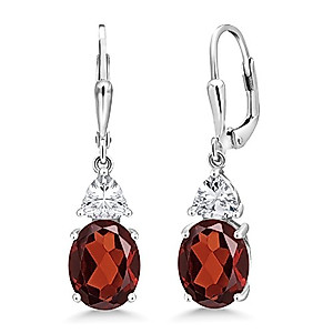 Gem Stone King 925 Sterling Silver Red Garnet and White Zirconia Dangle Earrings For Women (5.00 Cttw, Gemstone January Birthstone, Oval 10X8MM, Trillion 5MM)