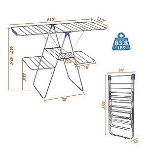 SUPER DEAL Clothes Drying Rack with Socks Clips, 2 Tier Gullwing Laundry Rack Adjustable and Foldable Wings for Easy Storage Heavy Duty Stainless Steel, Silver