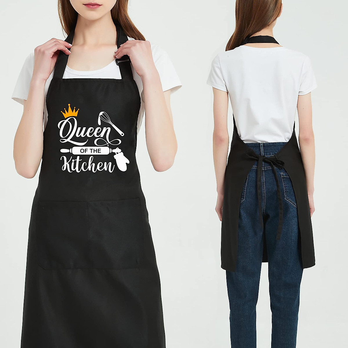 Jpayxese Funny Cooking Aprons for Women with Pockets, Black Queen of the Kitchen Apron Cute Gifts for Wife Grandma Mom Girlfriend (queen of One Size
