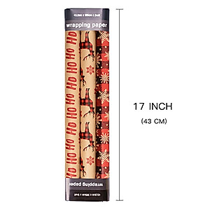 LeZakaa Christmas Kraft Wrapping Paper - Mini Roll - Reindeer/Buffalo Plaid with Snowflake/HOHOHO Lettering for Gift Wrap, Arts Crafts - 17 x 120 inches - 3 Rolls (42.5 sq.ft.ttl.)