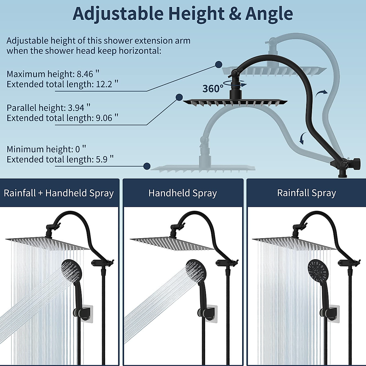 Hibbent All Metal High Pressure Rainfall 10 Inch Shower Head/Handheld Showerhead Combo/ 12 Inch Adjustable Curved Shower Extension Arm, 7-Spray, 71-inch Hose, Adhesive Showerhead Holder, Matte Black