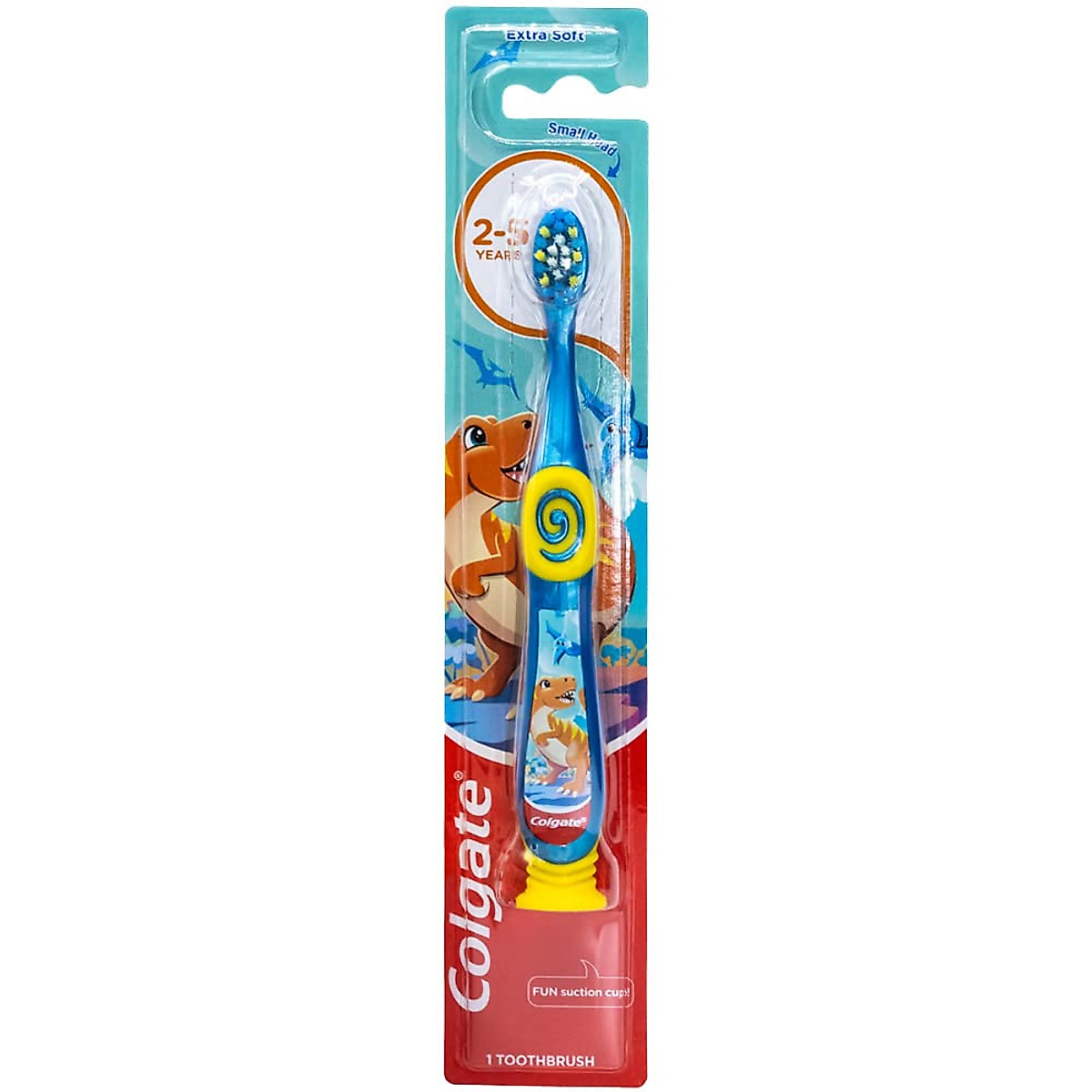 Colgate Dinosaur Toothbrush for Children with Suction Cup, Kids 2-5 Years Old, Extra Soft - Pack of 3