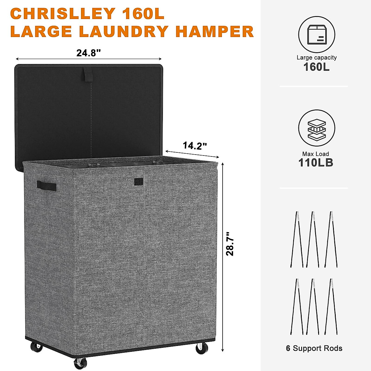 Chrislley Double Laundry Hamper with Wheels 160L Large Laundry Basket with Lid,Rolling Dirty Clothes Hamper 2 section with Removable Liner Bags, Collapsible Laundry Organizer for Bedroom, Dorm,Gray