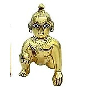 Brass Krishna Laddu Gopal Kanha Makhan Chor Statue Idol Murti Sculpture Ji Idol size no. 3 with Set of Mukut, Mala, Bansuri, Kangan, Hair and ear rings, 1 Dress Velvet(3 No.)