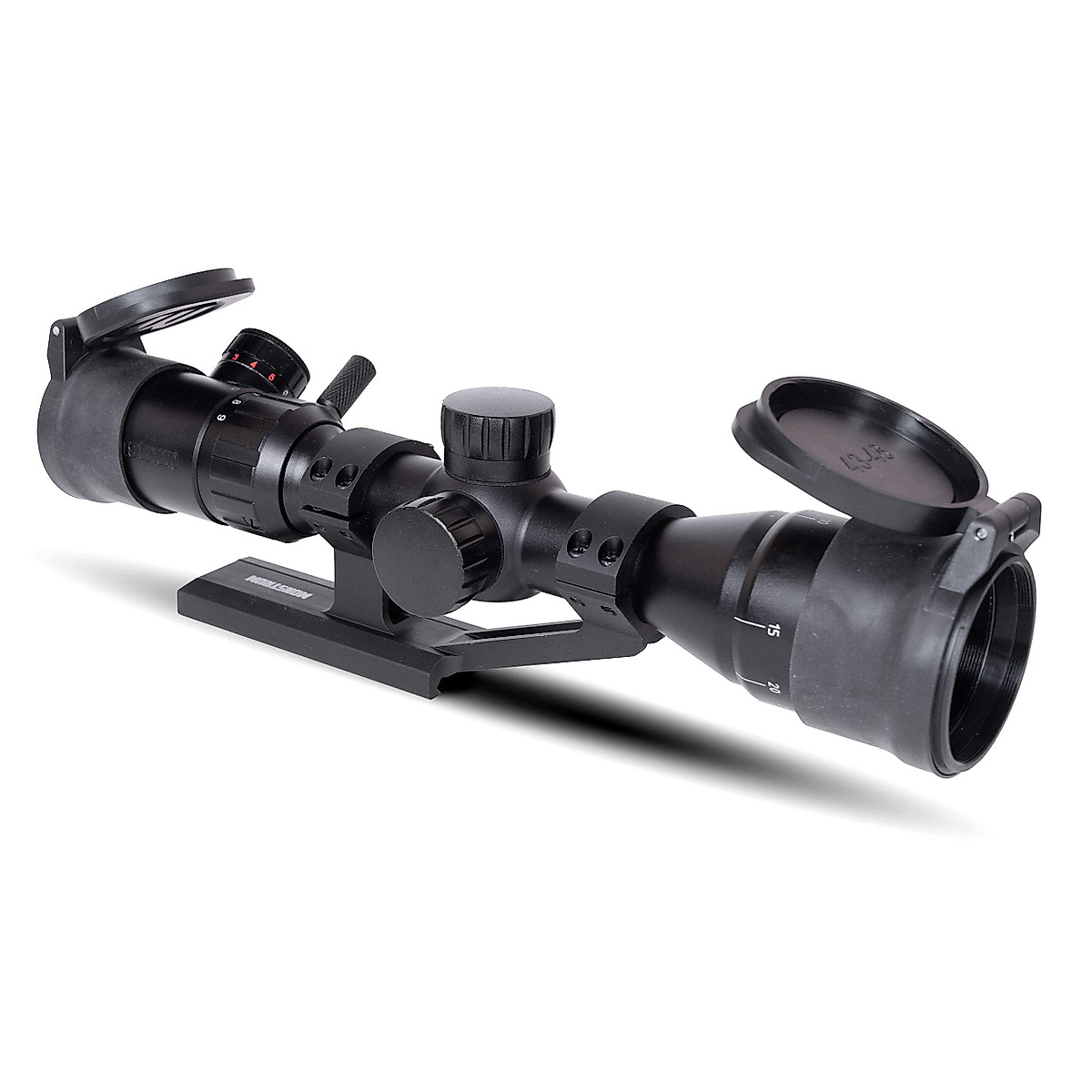 Monstrum 3-9x32 AO Rifle Scope with Illuminated Range Finder Reticle and Parallax Adjustment | ZR255 H-Series Offset Scope Mount | Monstrum Flip Up Lens Cover Set | Bundle