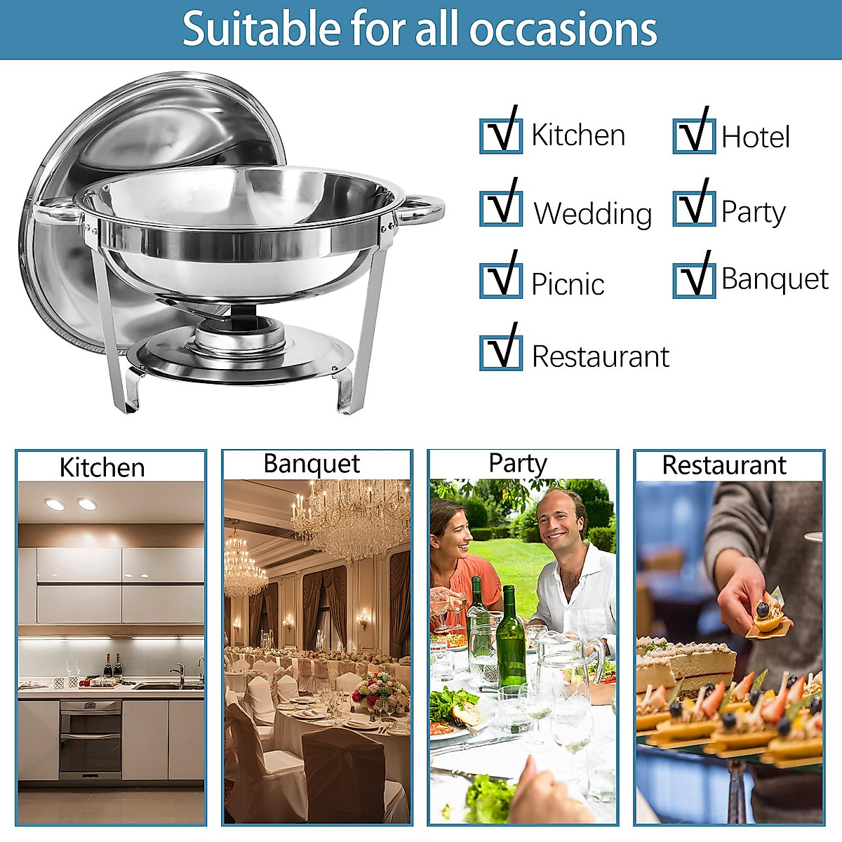 Jacgood Chafing Dish Buffet Set Full Size Stainless Steel, Silver Round Catering Warmer Set with Food and Water Trays, Mirror Cover, Thick Stand Frame for Kitchen Party Banquet (5 Qt 2 Pack)