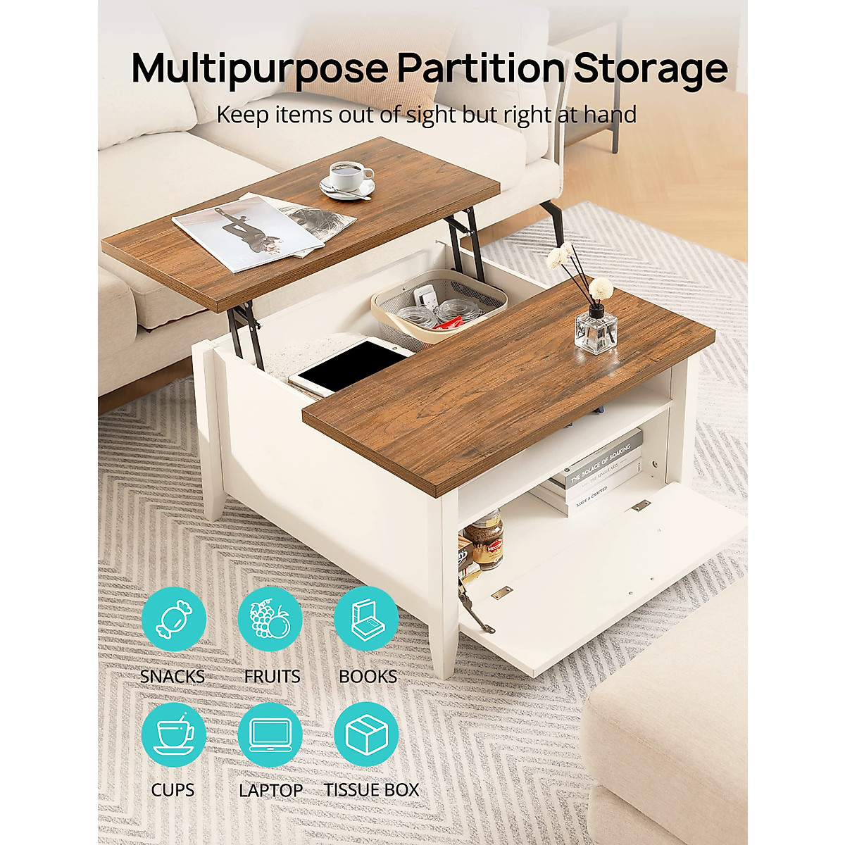 Evajoy Lift Top Coffee Table, Ergonomic Rising Table with Hidden Compartment, Dining Table with Storage Shelf, Retro Coffee Table, Farmhouse Storage with Lift Tabletop for Living Room, Office,White