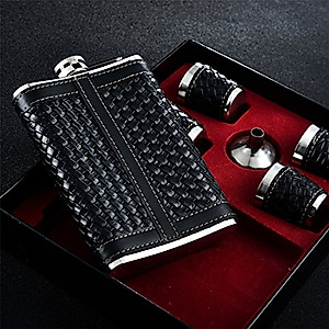 GENNISSY 9OZ Black Hip Flask Set - Woven PU Leather and Stainless Steel With Funnel and 4 Cups…