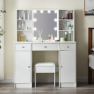 JBLCC Makeup Vanity Desk with Lights Mirror, Large Vanity Desk with Storage Shelf & Drawers,Makeup Vanity Dressing Table with Cushioned Stool for Bedroom (jbl 3072)