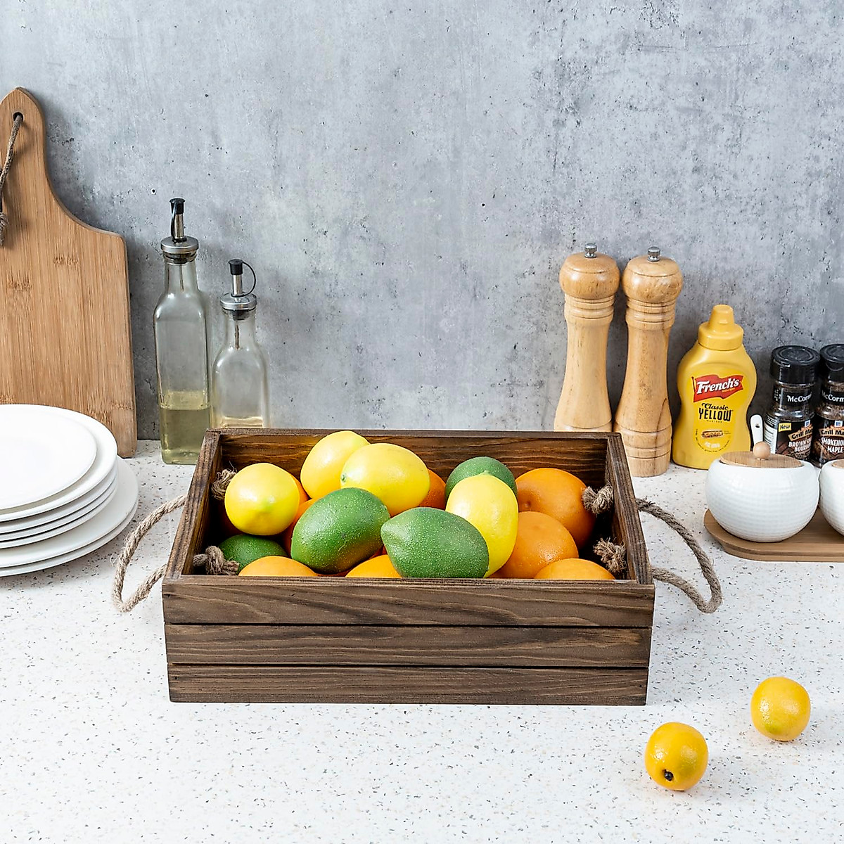 MyGift 13 Inch Rustic Brown Wood Decorative Storage Organizer Bin with Rope Handles, Open Top Small Crate Box for Bathroom Accessories, Books, Crafts, Fruits