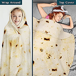 PAVILIA Burrito Tortilla Blanket, Double Sided Taco Flour Wrap Novelty Throw for Kid Boy Girl Teen, Realistic Food Blanket, Funny Gag Gift for Birthday, Beige Flour 47in