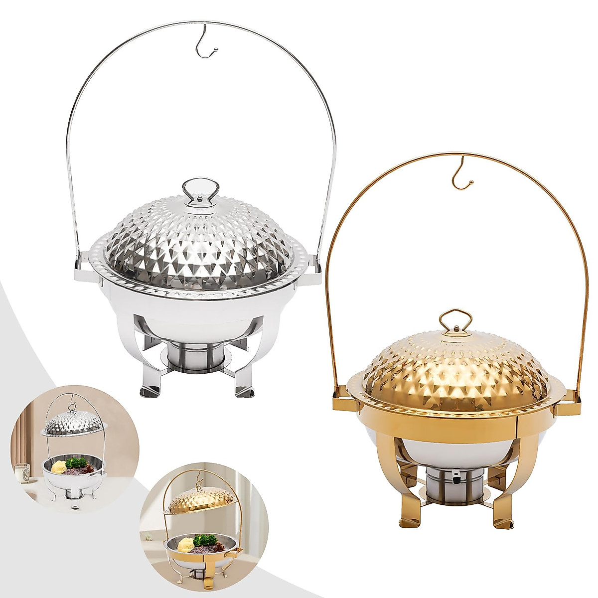 Chafing Dish Buffet Set Gold/Silver,4.5L Round Stainless Steel Chafing Dish Buffet Set Buffet Servers and Warmers Warming Tray for Kitchen Party Banquet (Silver)