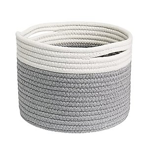Small Rope Basket small basket Round woven basket with Handle Cute Cotton Basket 9.5 * 9.5 * 7.1 inches Nursery Shelf Small Storage Basket Splicing Grey White Color Design Style Capacity 8.2L