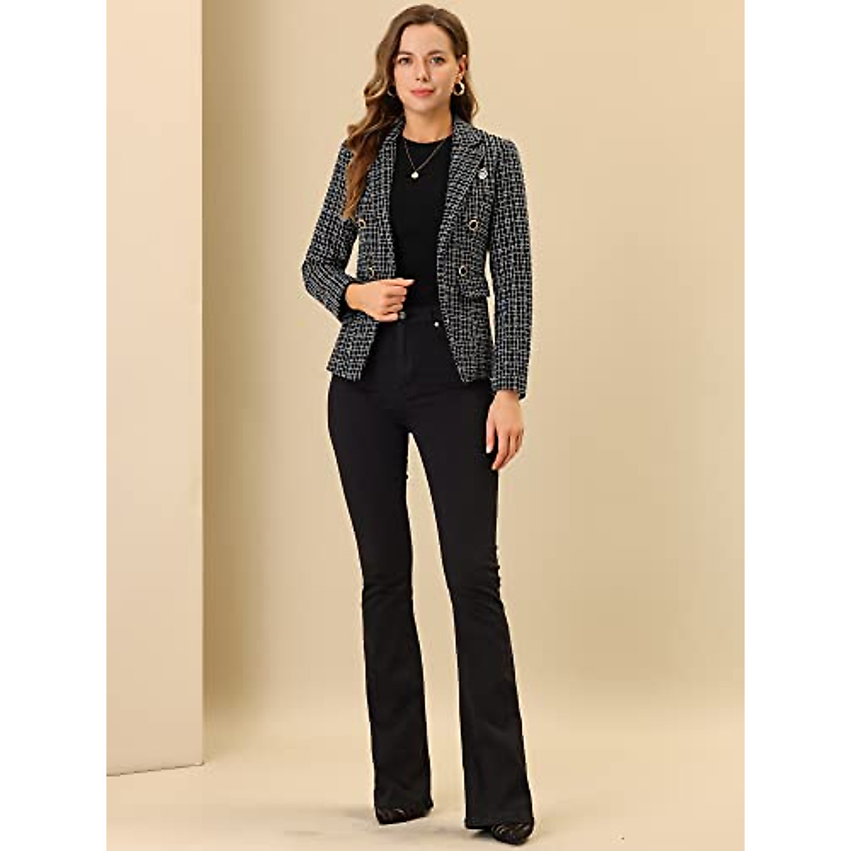 Allegra K Women's Elegant Plaid Jacket Long Sleeve Open Front Tweed Blazer Medium Black