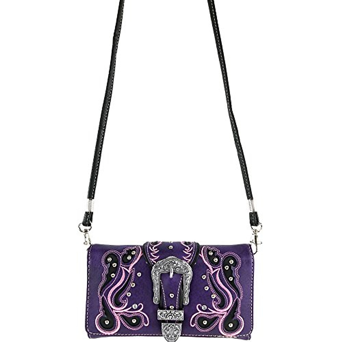 Justin West Concealed Carry Western Tritone Paisley Flower Buckle Embroidered Laser Cut Shoulder Handbag | Trifold Wallet (Purple Handbag & Wallet Set)