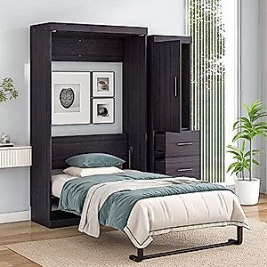 FIQHOME Twin Size Murphy Bed with Wardrobe and Drawers, Twin Storage Bed, can be Folded into a Cabinet,Wood Bedframe for Kids and Adults, Bedroom, Dorm, No Box Spring Required(Gray)