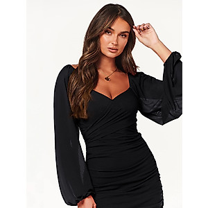 ANRABESS Women's Sexy V Neck Ruched Bodycon Mini Dress Puff Long Sleeve Cocktail Wedding Guest Formal Party Short Dresses Black Small