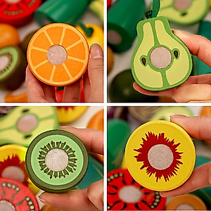 Wooden Cutting Fruit Vegetables Set for Kids - Pretend Play Food Toy Set with Wooden Knife and Tray Learning Toys for Toddlers (Fruit-E)