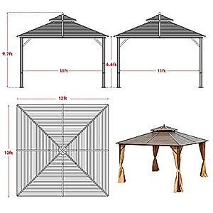 MELLCOM 12'x12' Hardtop Gazebo, Galvanized Steel Metal Double Roof Canopy Curtains and Netting, Outdoor Permanent Canopy Gazebos with Aluminum Frames for Patios, Gardens, Lawns
