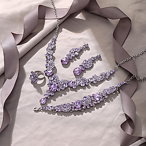 EVER FAITH Wedding Rhinestone Jewelry Sets for Brides, Crystal Bridal Floral Wave Teardrop Necklace Dangle Earrings Bracelet Ring Set Light Purple Silver-Tone