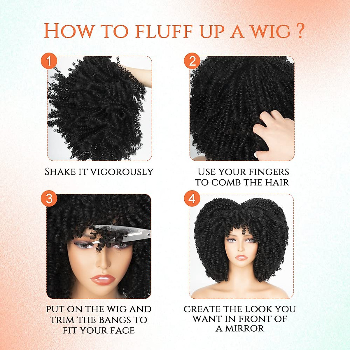 Aminow Afro Kinky Curly Wigs for Black Women Glueless Synthetic Short Curly Afro Wig with Bangs Natural Black 12 Inch